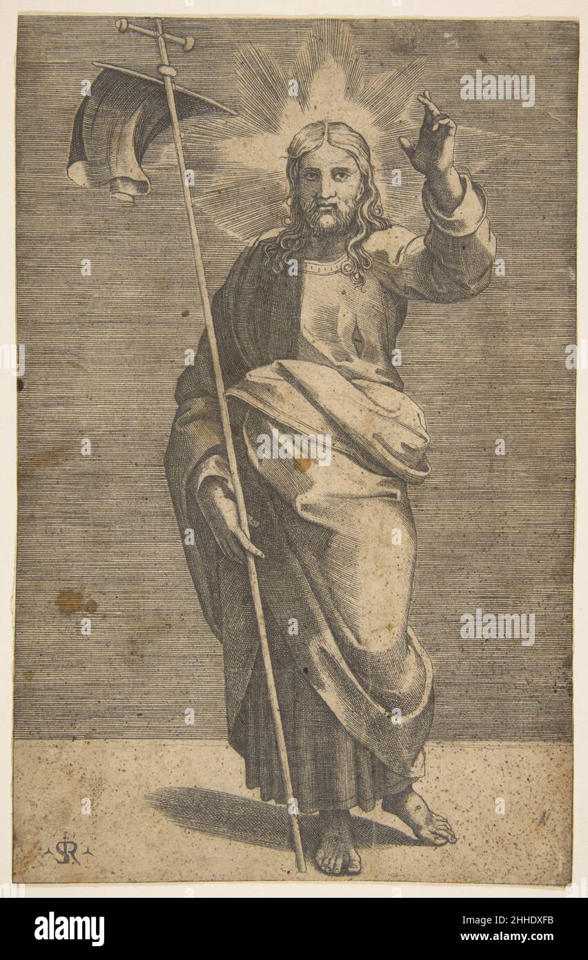 Christ standing facing forward, holding a cross with a banner and ...