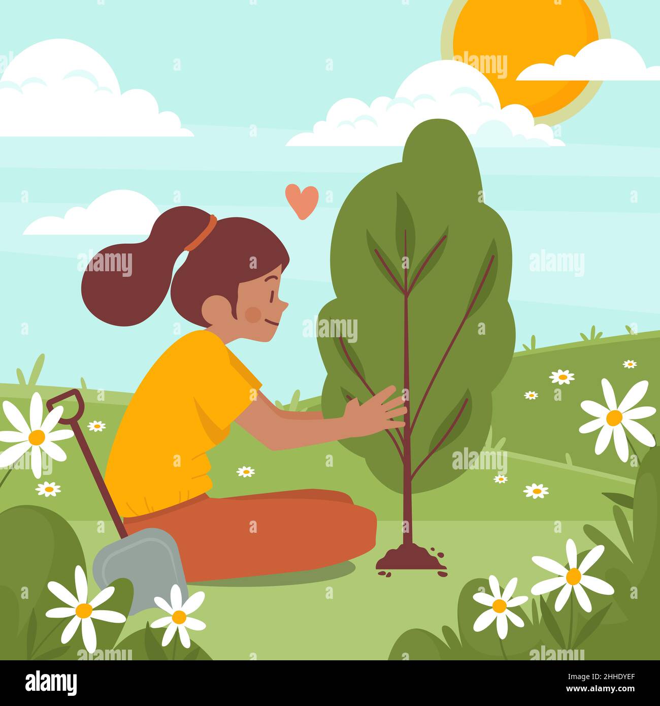 Hand drawn woman planting tree illustrated Vector illustration Stock ...