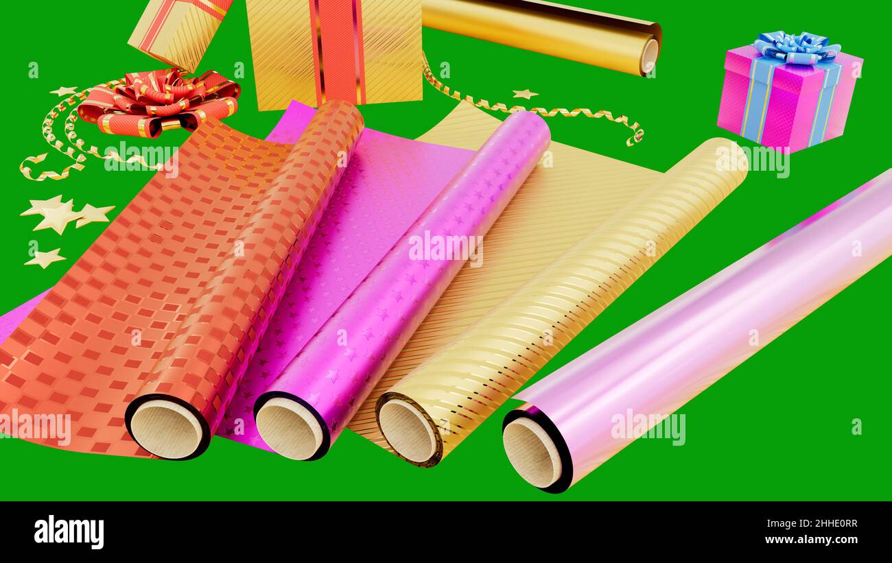 present packaging paper and giftbox on green screen, isolated - object ...