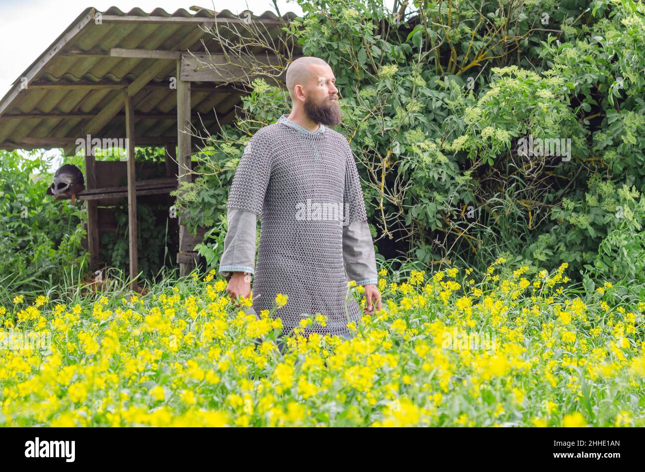 Courageous warrior man in metal chain mail with sword in middle of ...