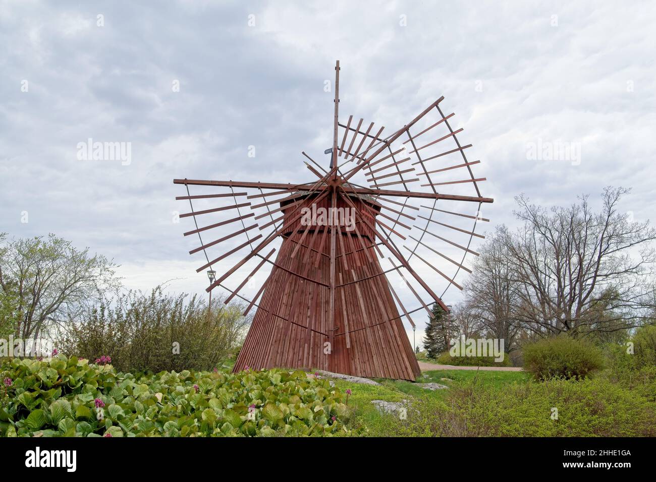 Traditional old red wooden windmill in Uusikaupunki, Finland Stock ...