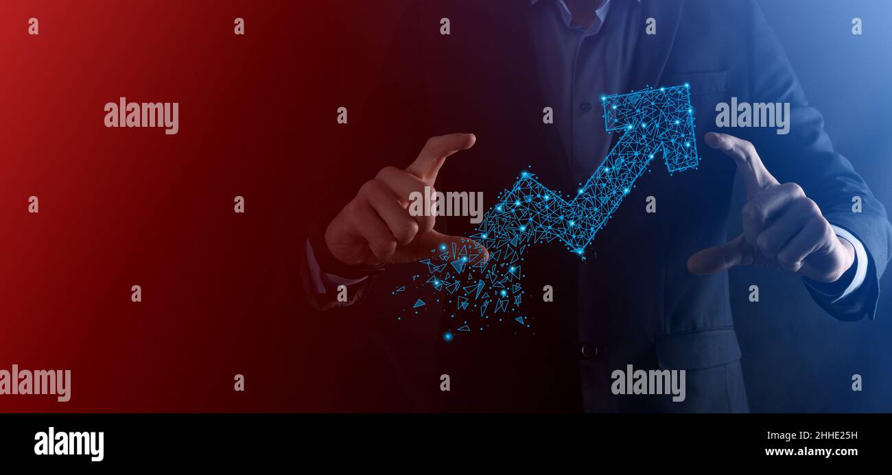 Businessman hold graph, arrow of positive growth icon.pointing at ...