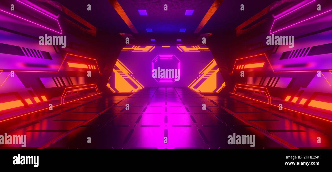 Space Futuristic Corridor Hangar Basement Underground Hallway Neon with ...