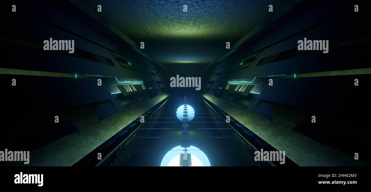 Abstract illuminated empty corridor scene interior design, Future ...