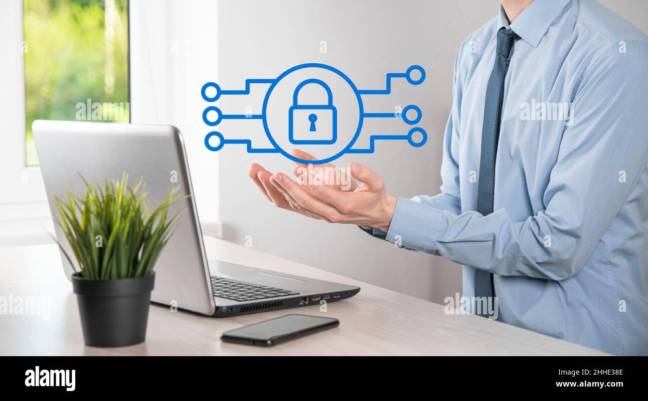 Male hand holding a lock padlock icon.Cyber security network. Internet ...