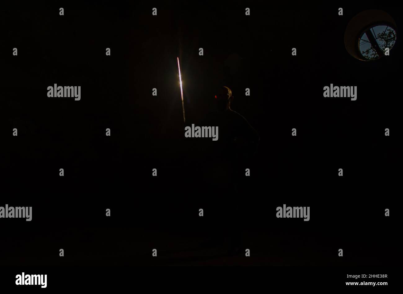 Fire sword in hands of Viking in mysterious castle. Mystical photo ...