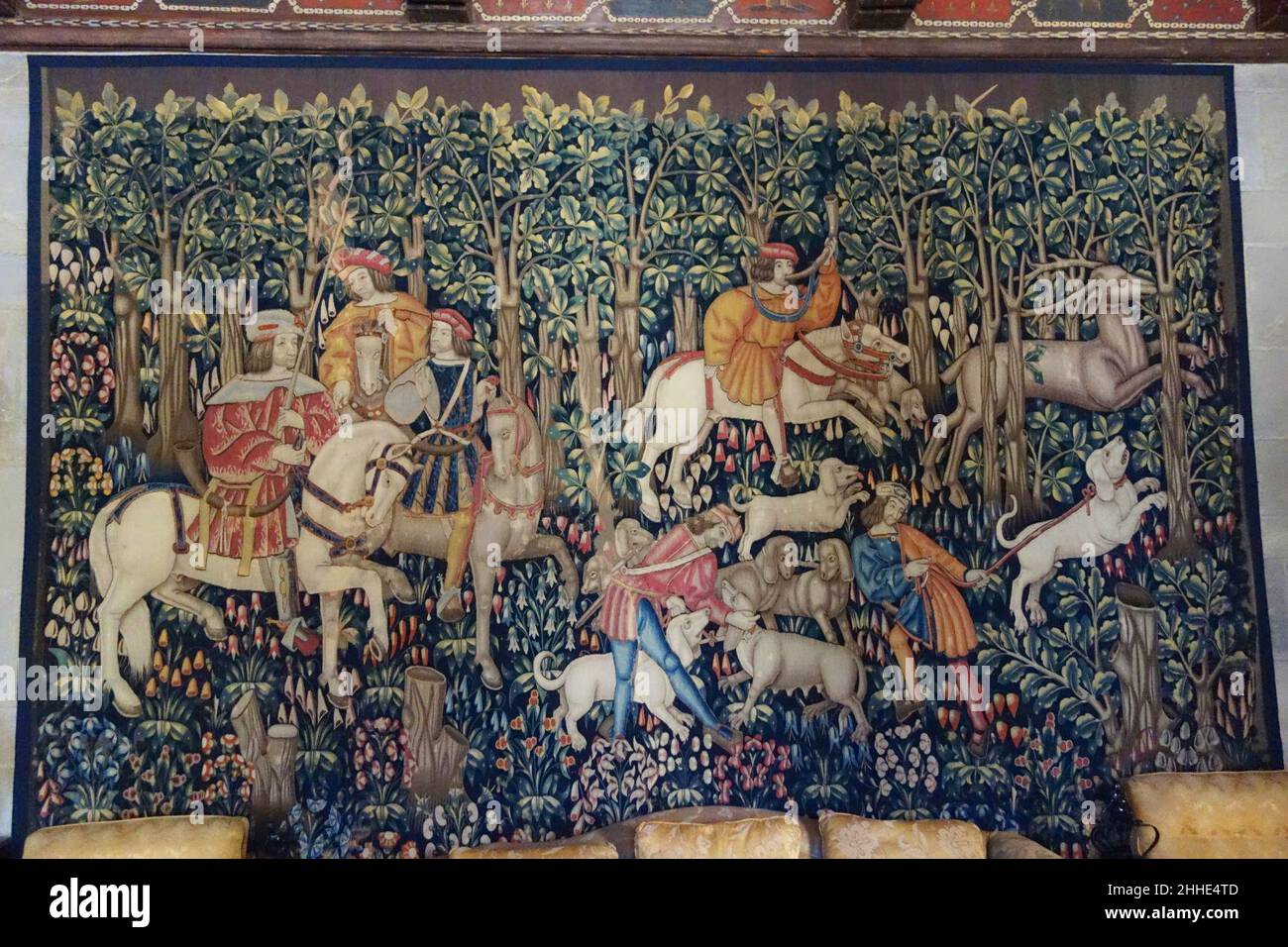 Stag hunt, Franco-Flemish Gothic, mille-fleurs tapestry, woven c. 1500 ...