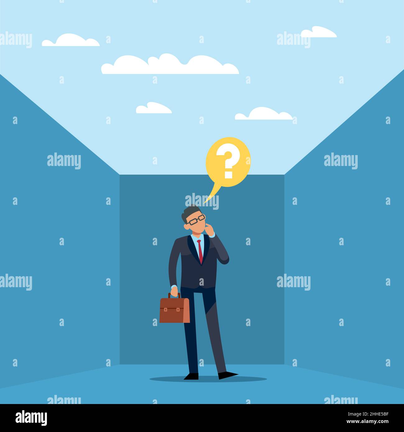 Business pitfall. Difficult task. Confused businessman in suit thinking ...