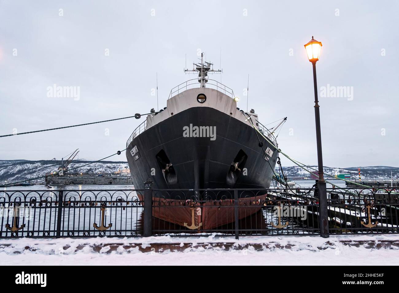 Nuclear icebreaker Lenin in the port of Murmansk in winter. the ...