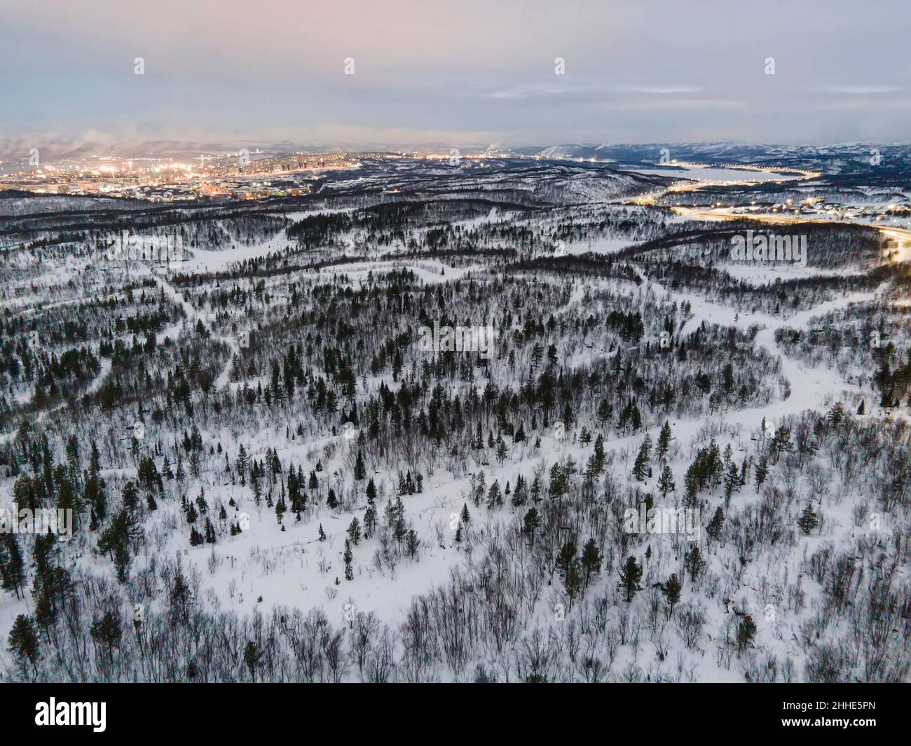 Top down view of the forest in winter and city murmansk. Winter ...