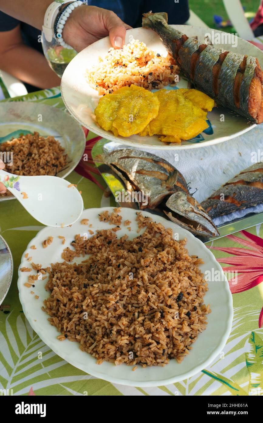 Variety of traditional Colombian food served outdoors. Fresh food such ...