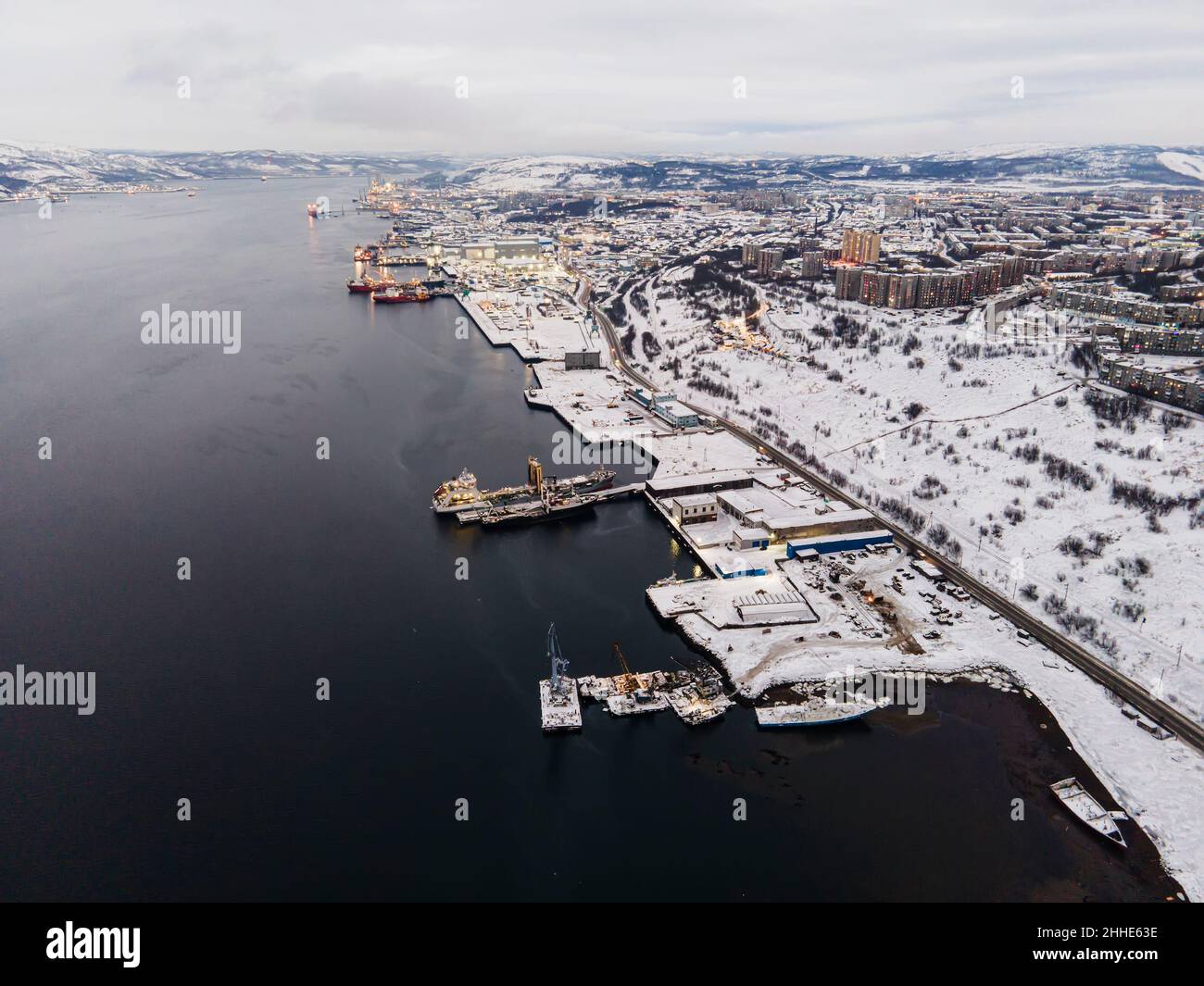 View from height on the port of Murmansk in the morning aerial ...