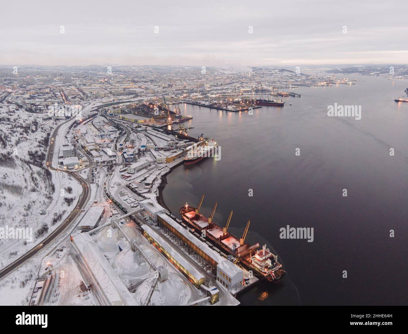 Beautiful aerial air winter vibrant view of Murmansk, Russia, a port ...