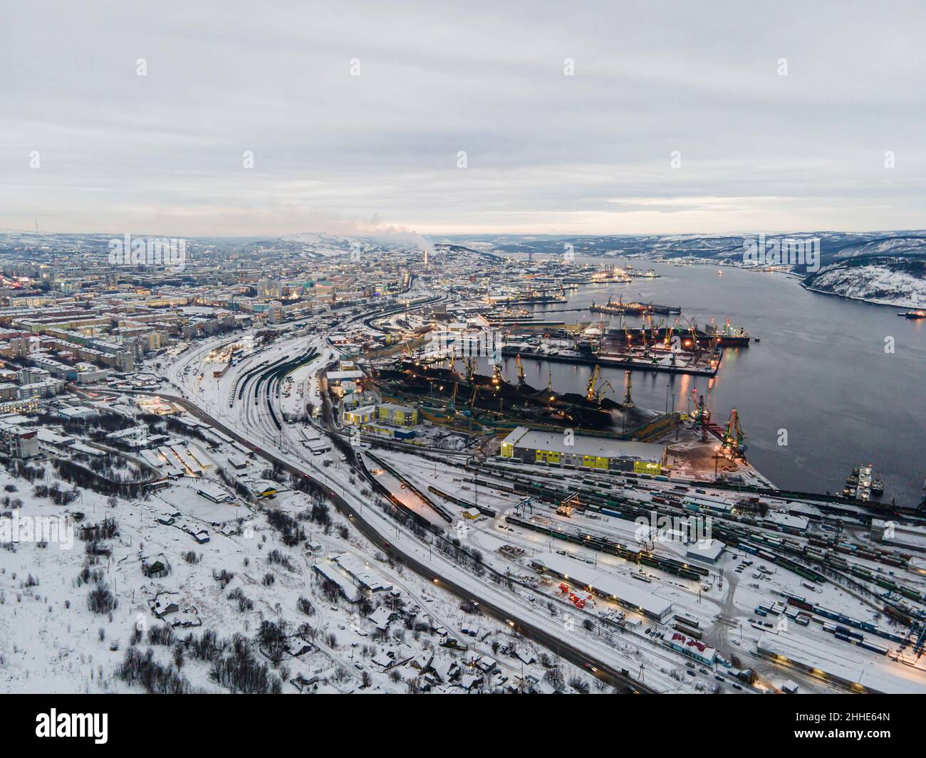 Beautiful aerial air winter vibrant view of Murmansk, Russia, a port ...
