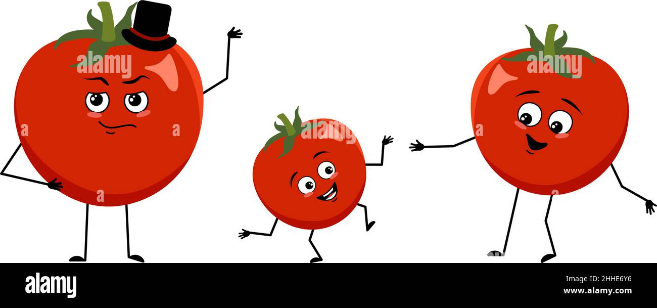 Family of tomato characters with happy emotions, smile face, happy eyes ...
