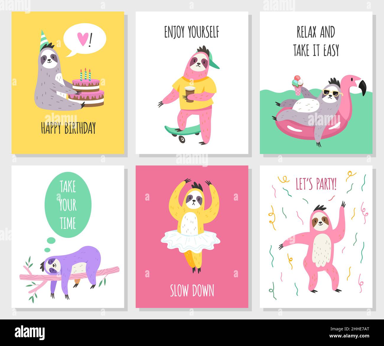 Cute sloths cards. Funny animals in different activities with text ...