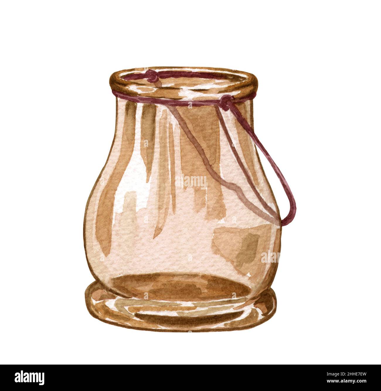 Watercolor empty, brown glass bottle or jar. Hand-drawn boho ...
