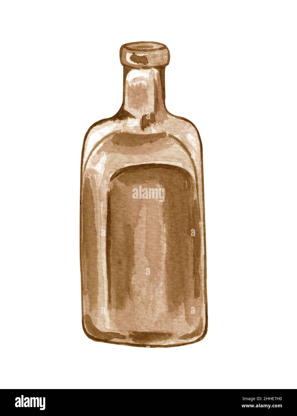 Watercolor empty, brown glass bottle or jar. Hand-drawn boho ...