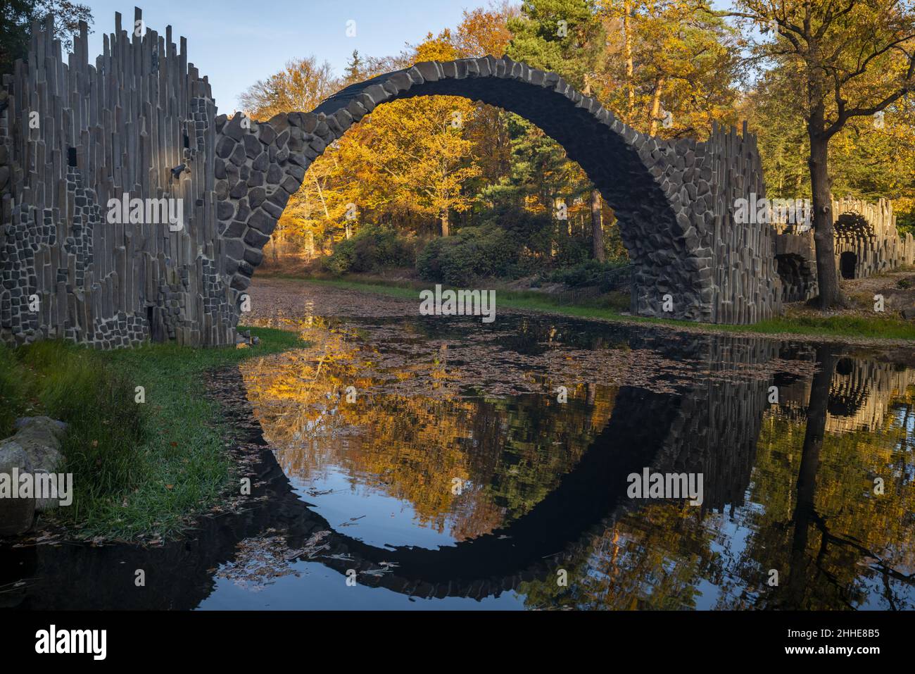 Bridge in rhododendron park in Kromlau in a beautiful autumn mood Stock ...