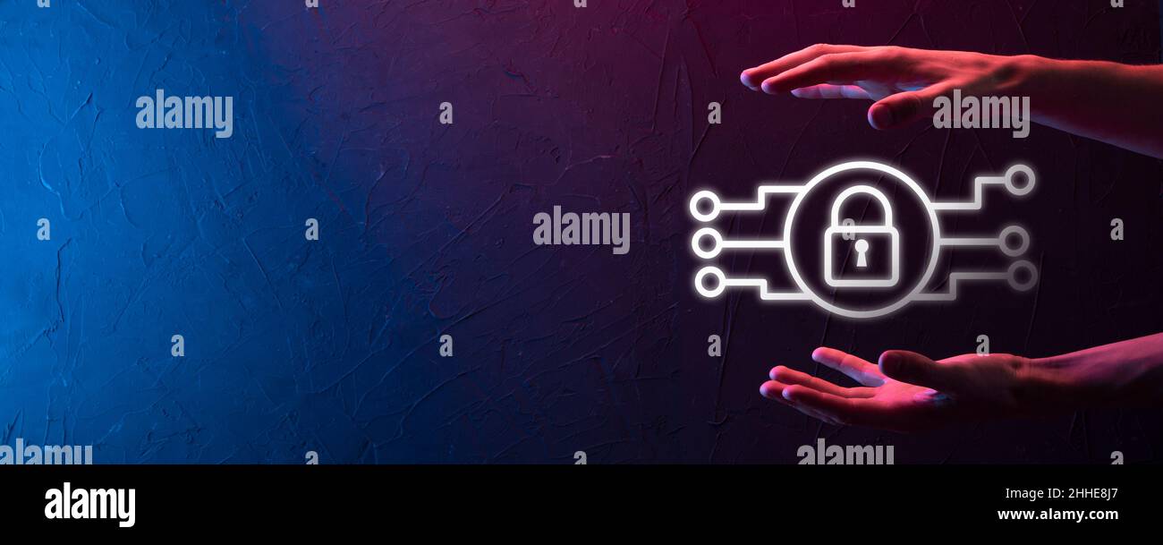 Cyber security network. Padlock icon and internet technology networking. Businessman protecting ...
