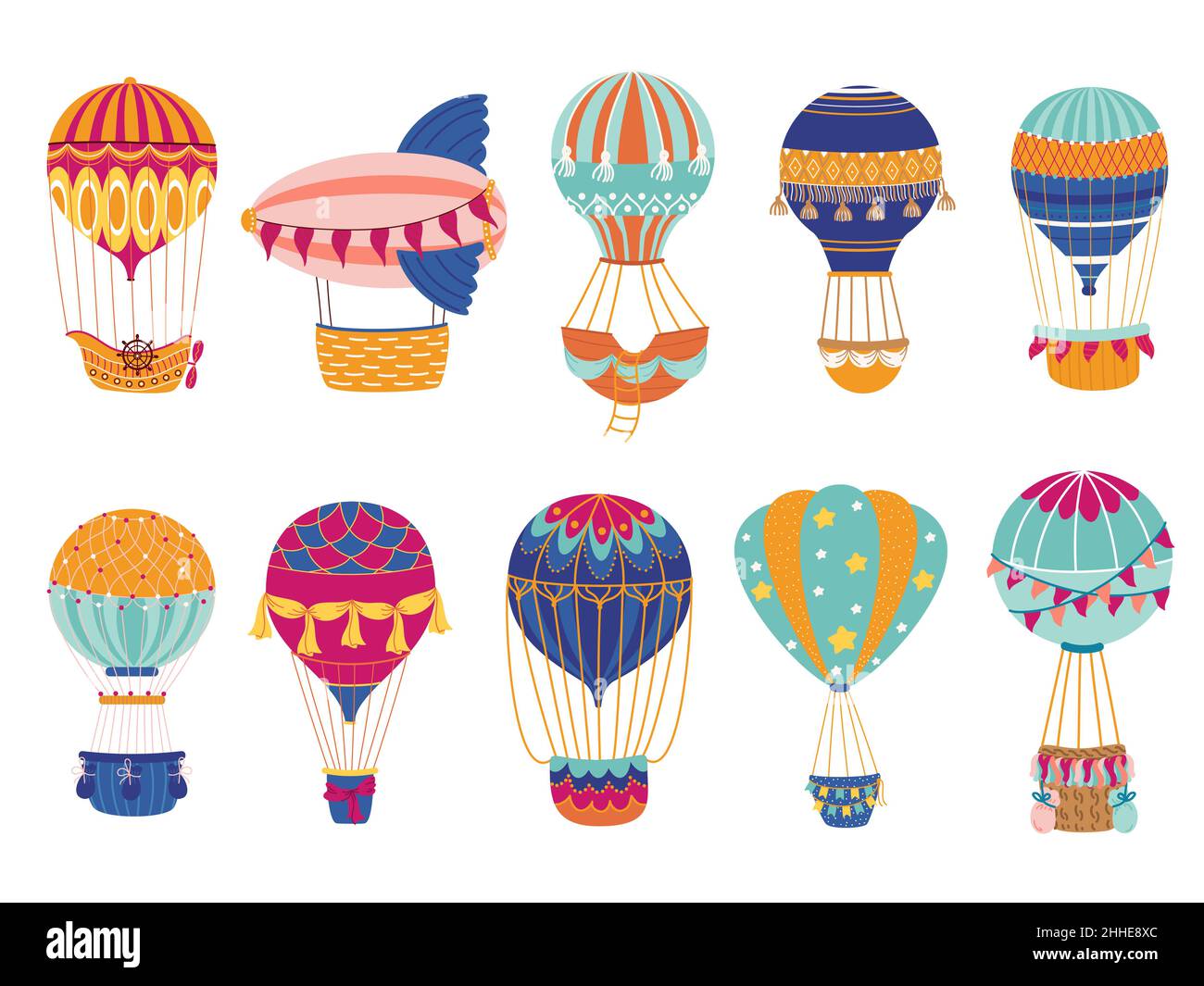 Patterned hot air balloons. Vintage flying transport, decorative bright ...