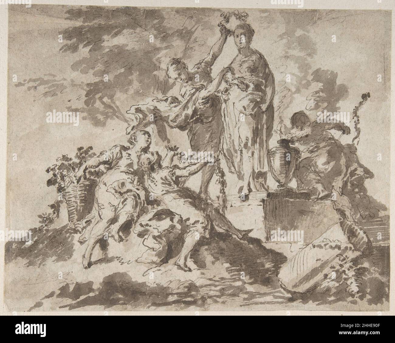 Nymphs Adorning the Statue of a Goddess (recto); River God with Three ...