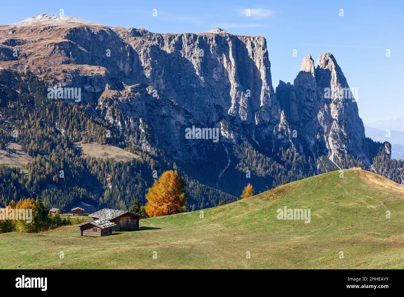 Landscape of Seiser Alm plateau hill and alpine huts with autumn tree ...