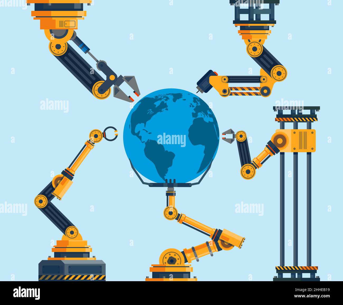 Technology is taking over the world. Robot hands and planet earth ...