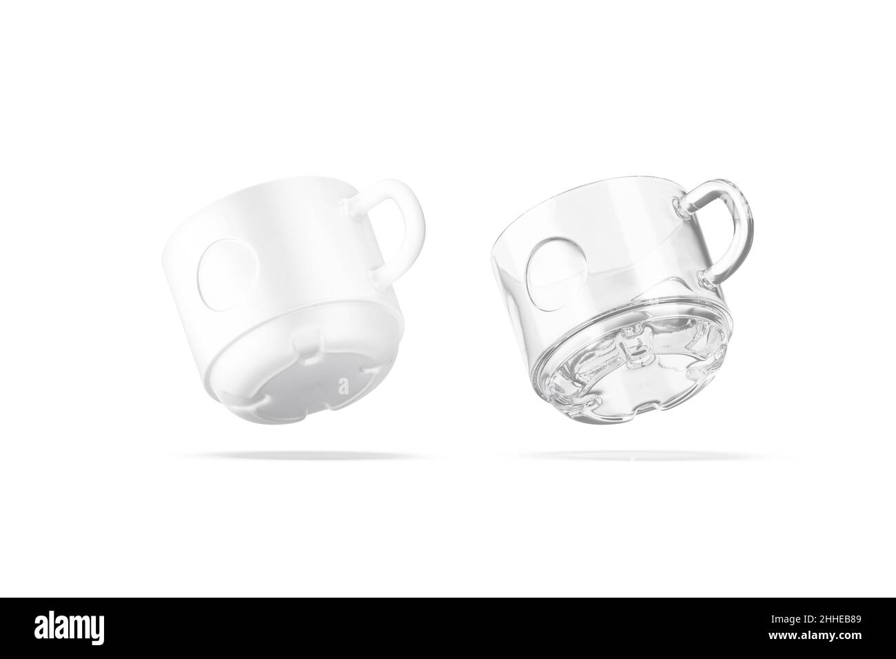 Blank ceramic and glass 8 oz mug label mockup, no gravity Stock Photo ...