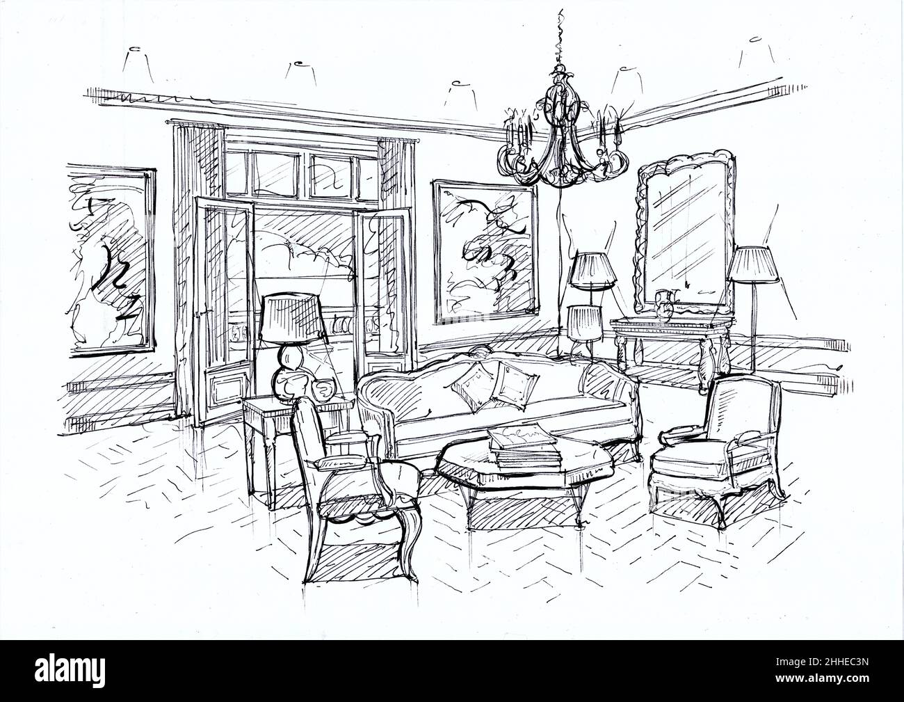 Sketch of a lounge furnished in a traditional style Stock Photo - Alamy
