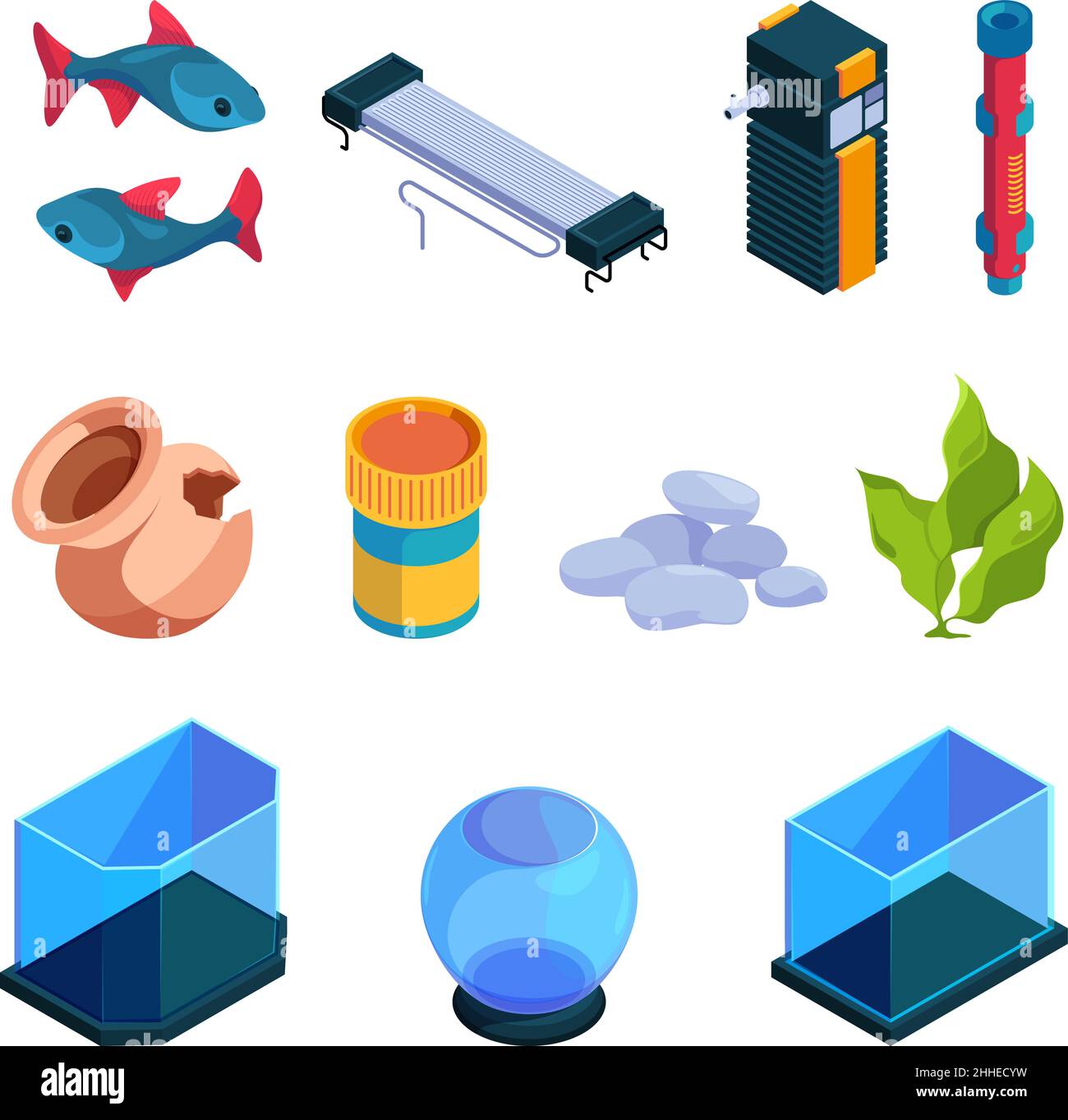 Decorative aquarium. Interior glass tanks with water different 3d ...