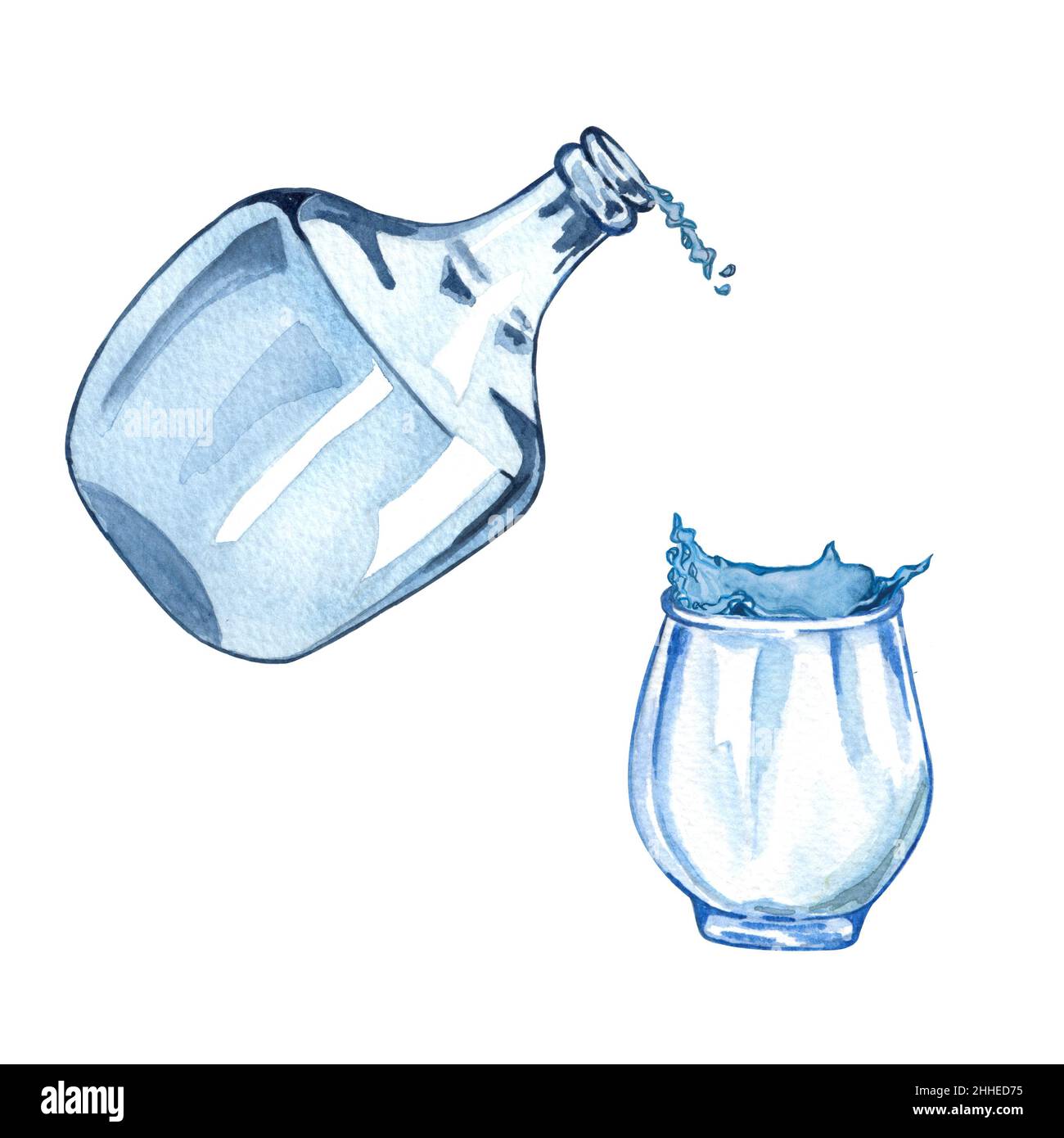 Watercolor Illustration of pouring water into a cup from a glass bottle ...