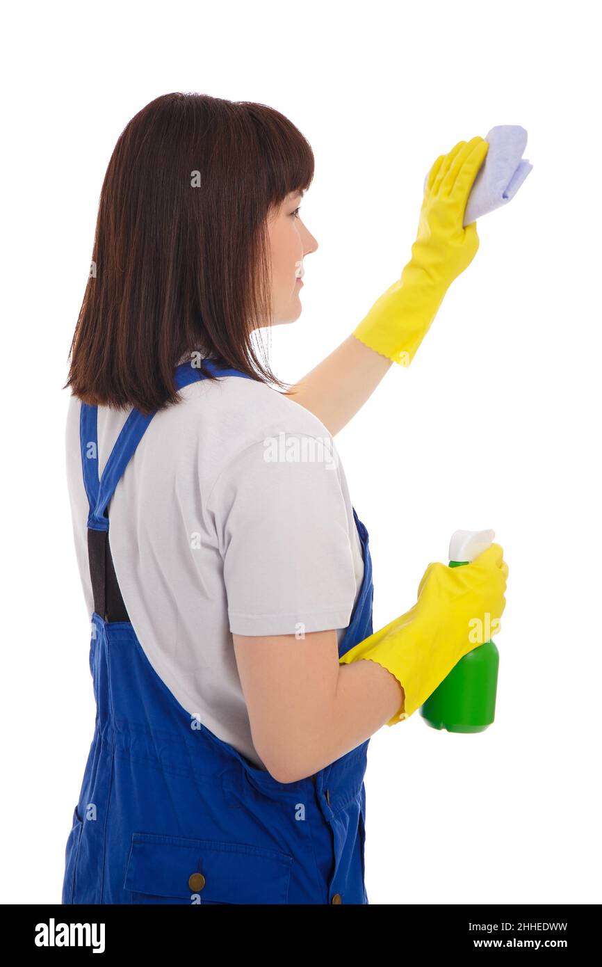 back view of professional female cleaner in blue uniform cleaning ...