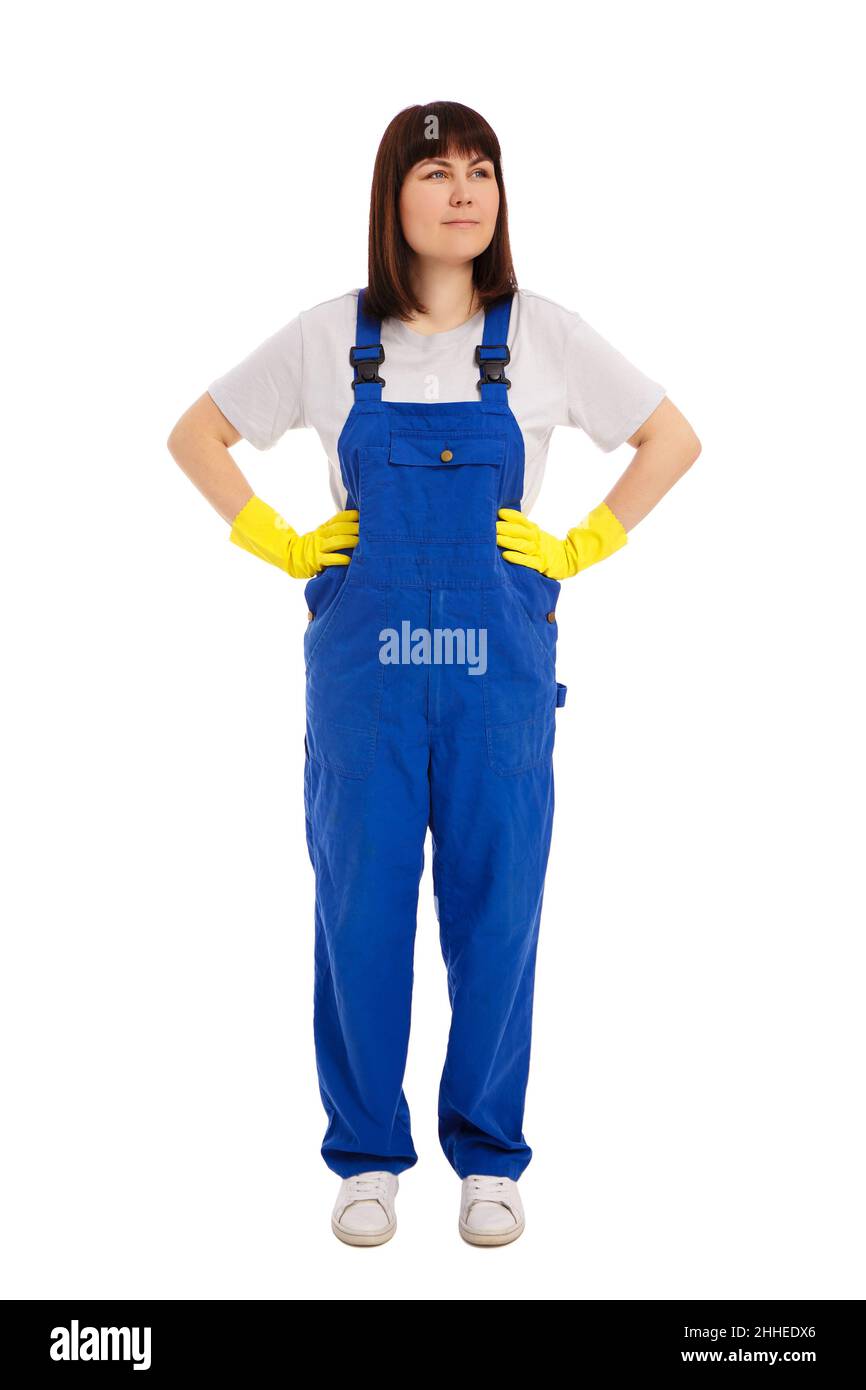 full length portrait of young female cleaner in blue robe uniform and ...