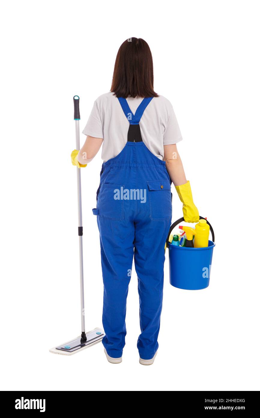 back view of woman cleaner in blue uniform posing with mop and cleaning ...