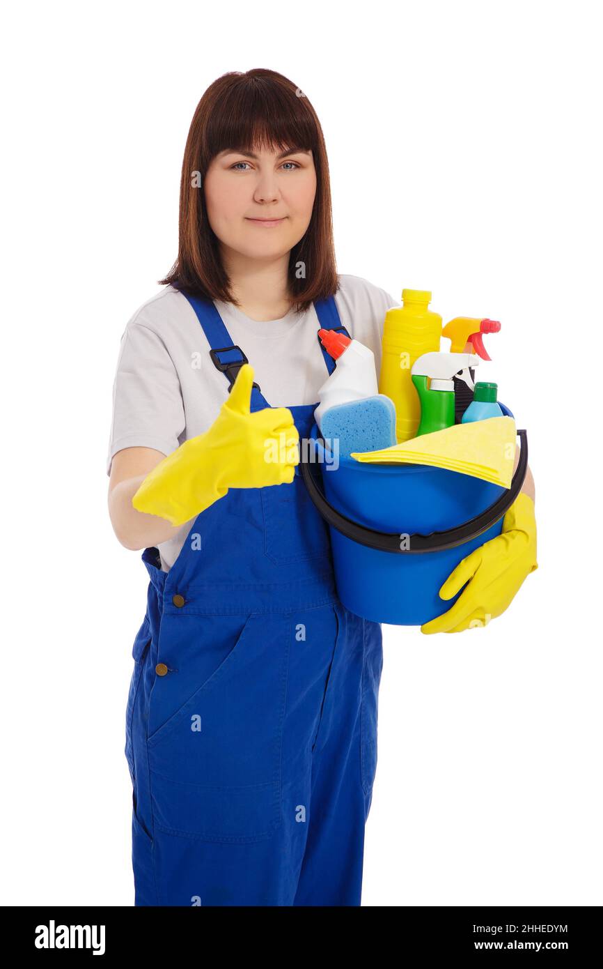 housework and cleaning concept - portrait of young female cleaner in ...
