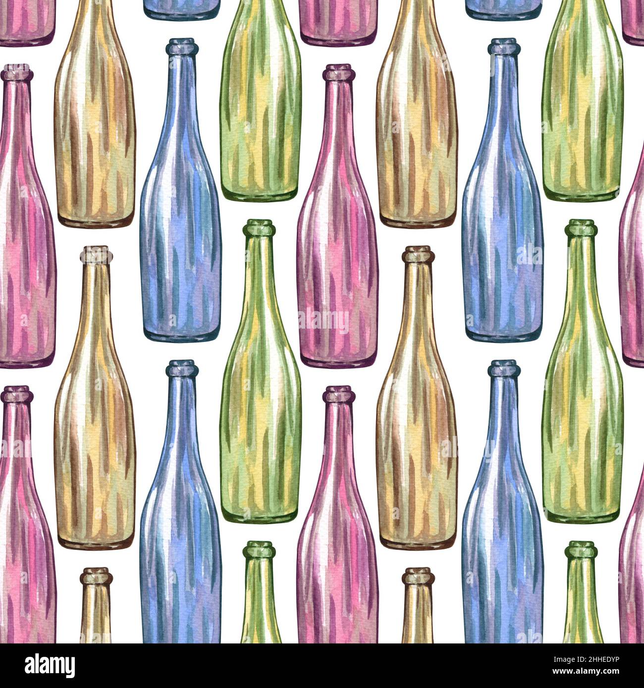 Seamless pattern with watercolor color glass bottles. Color transparent ...