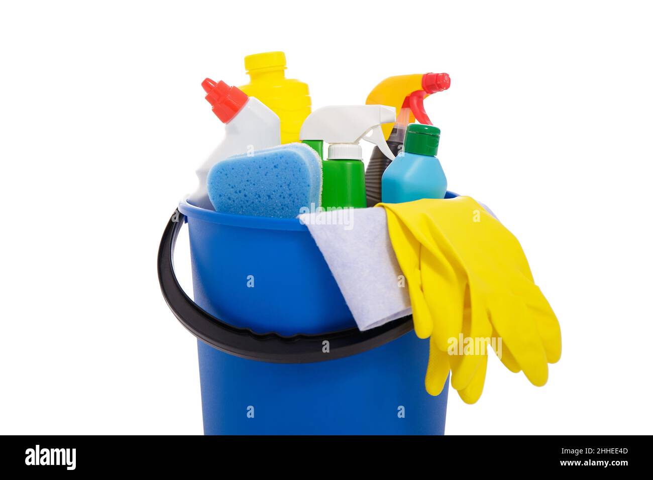 cleaning concept - close up of blue bucket with cleaning equipment ...