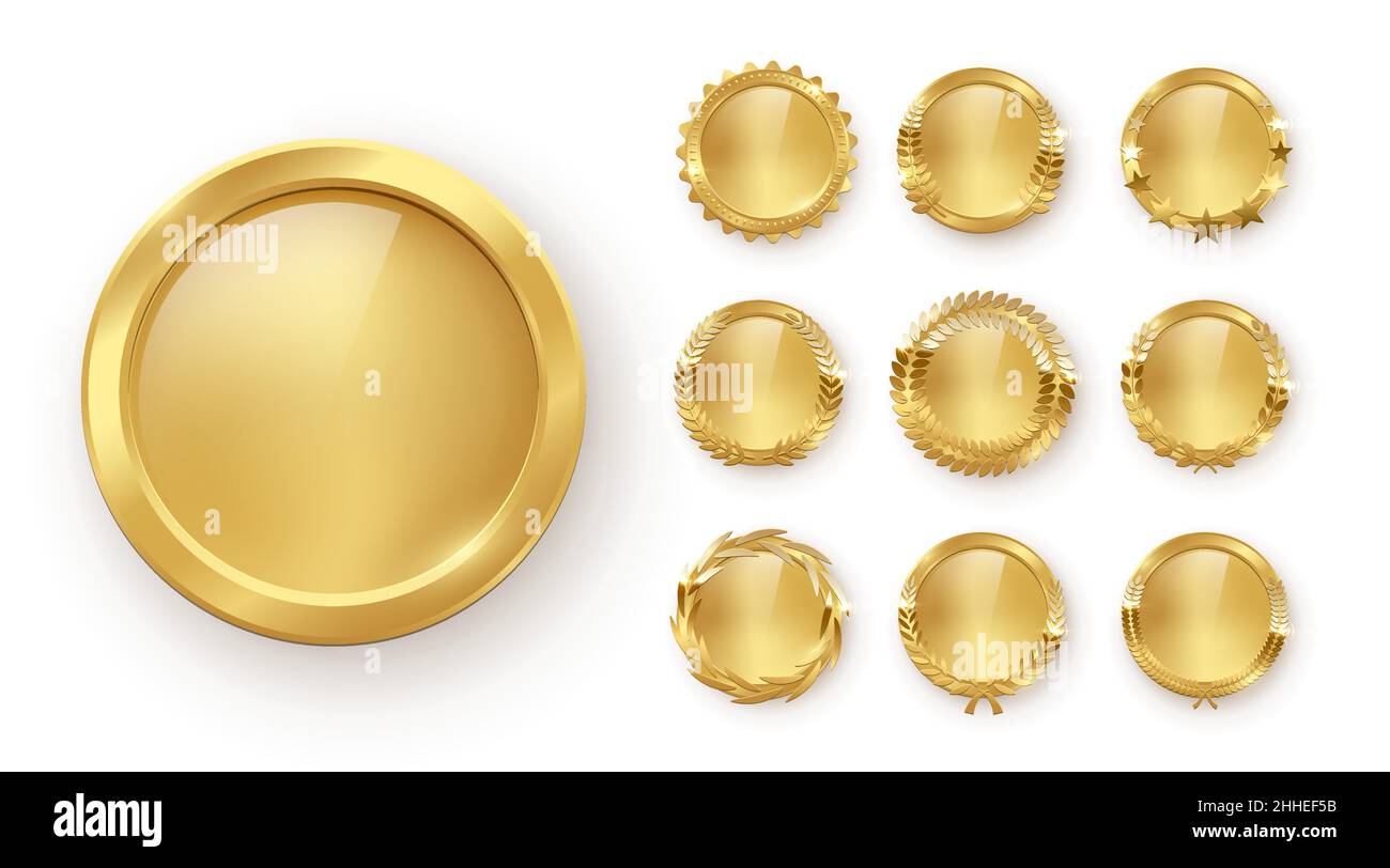 Gold medal with laurel wreath, circle award set vector illustration. 3d golden winner abstract ...