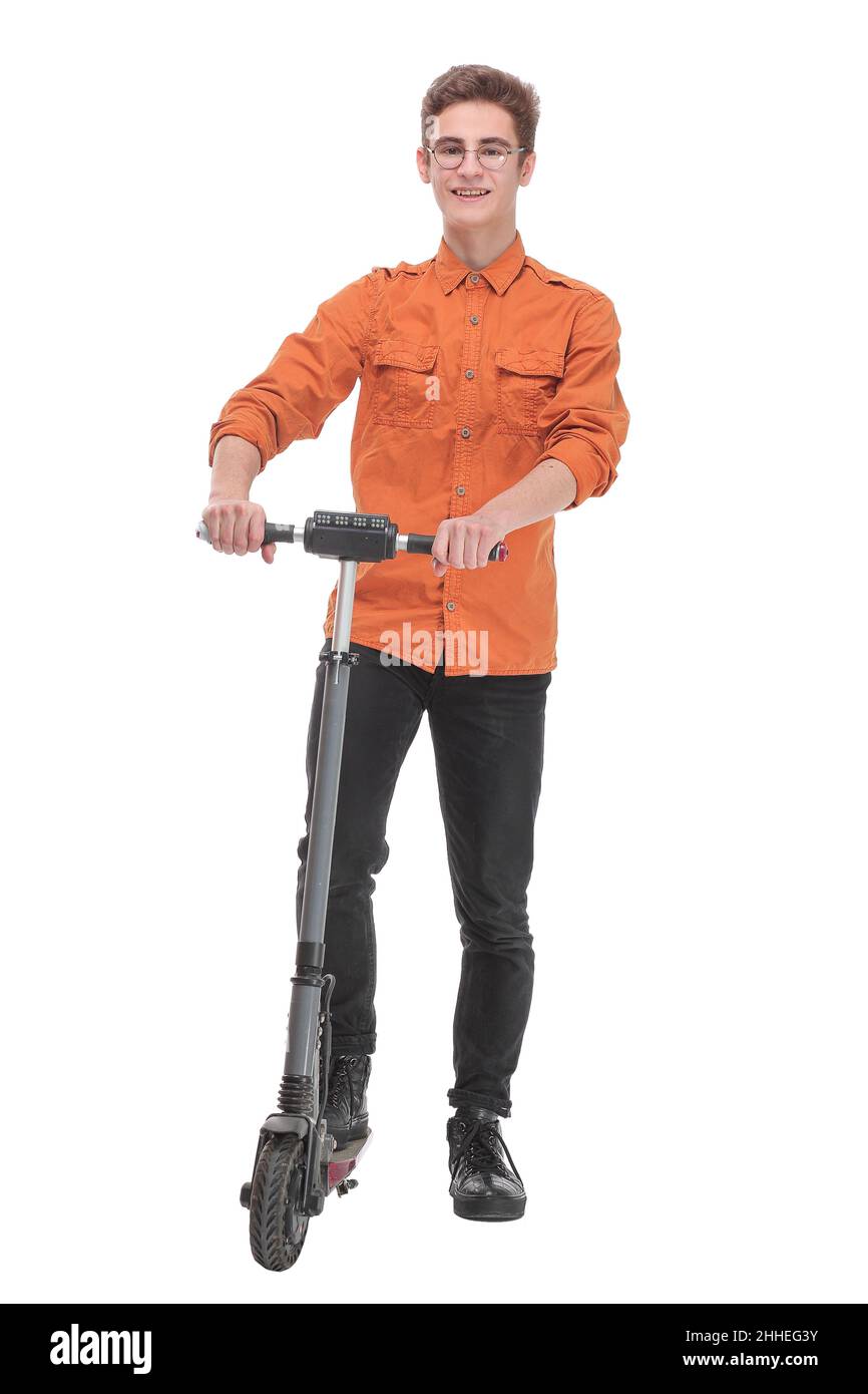 Full length portrait of an young man riding a scooter Stock Photo - Alamy