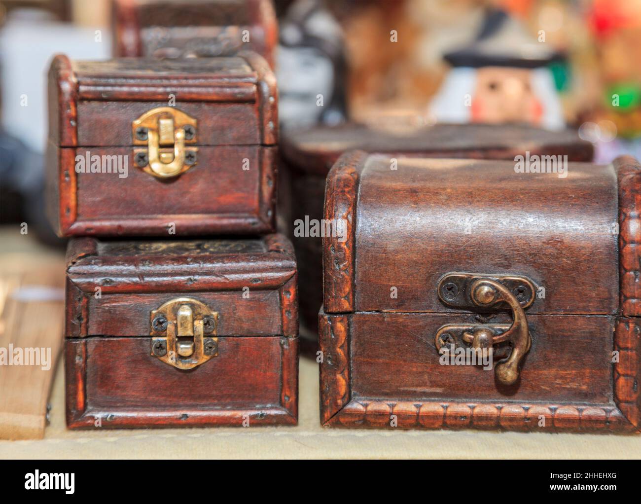 Image of artisanal chests on a market stall Stock Photo - Alamy