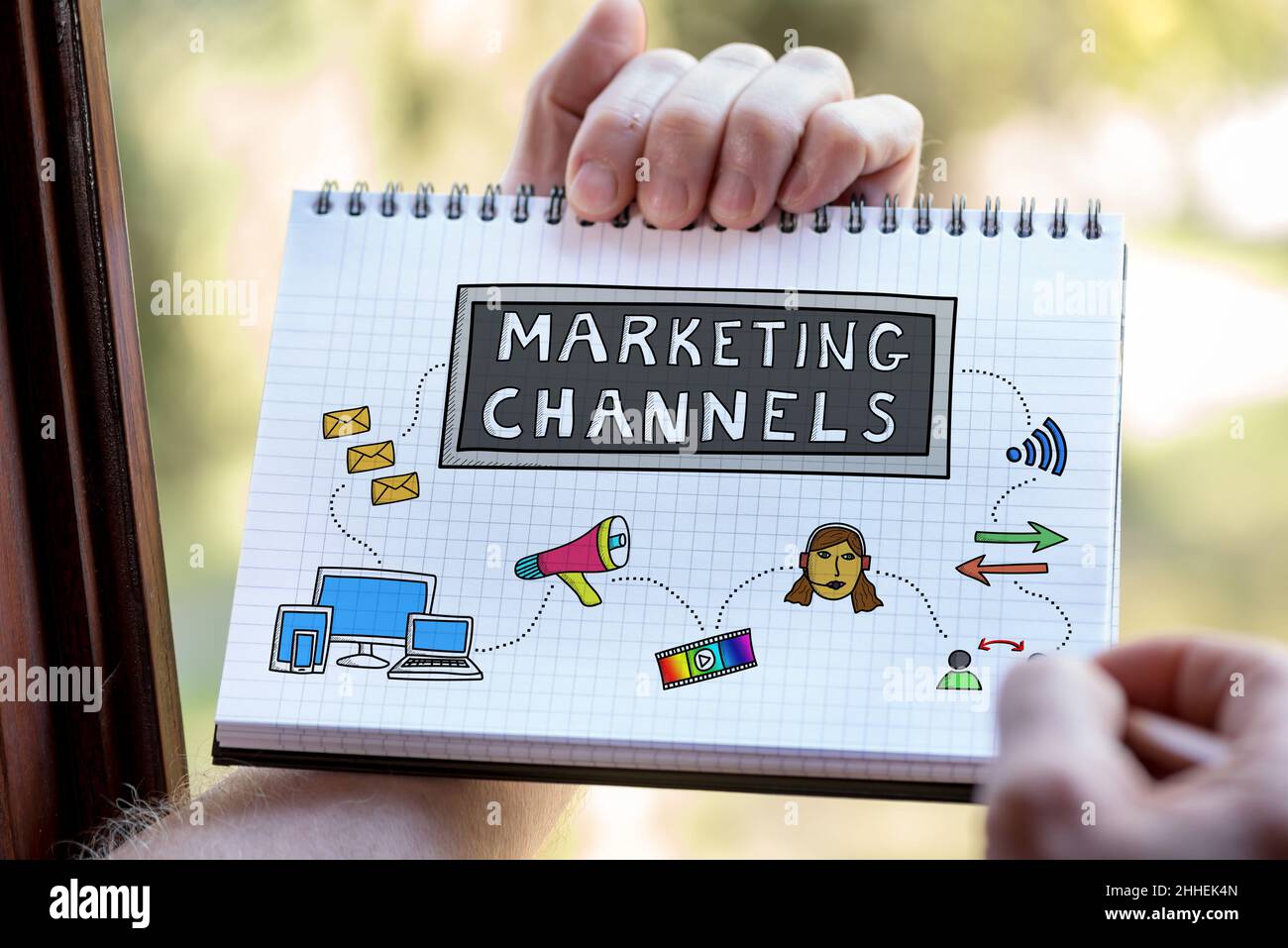 Hand drawing marketing channels concept on a notepad Stock Photo - Alamy