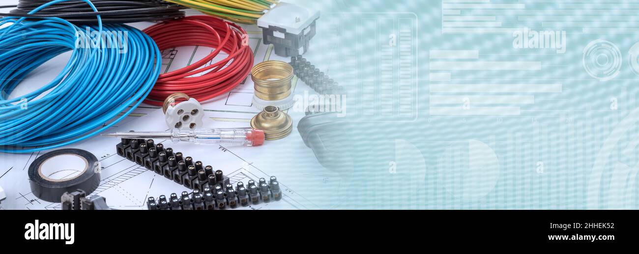 Electric equipment on a plan. panoramic banner Stock Photo - Alamy