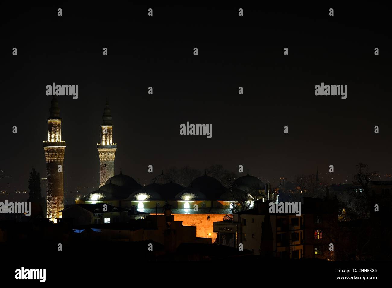 Night photo, grand mosque in Bursa, local name is ulu cami, night and ...