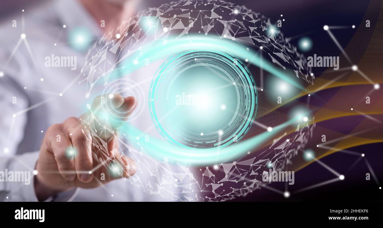 Man touching a digital eye concept on a touch screen with his finger ...