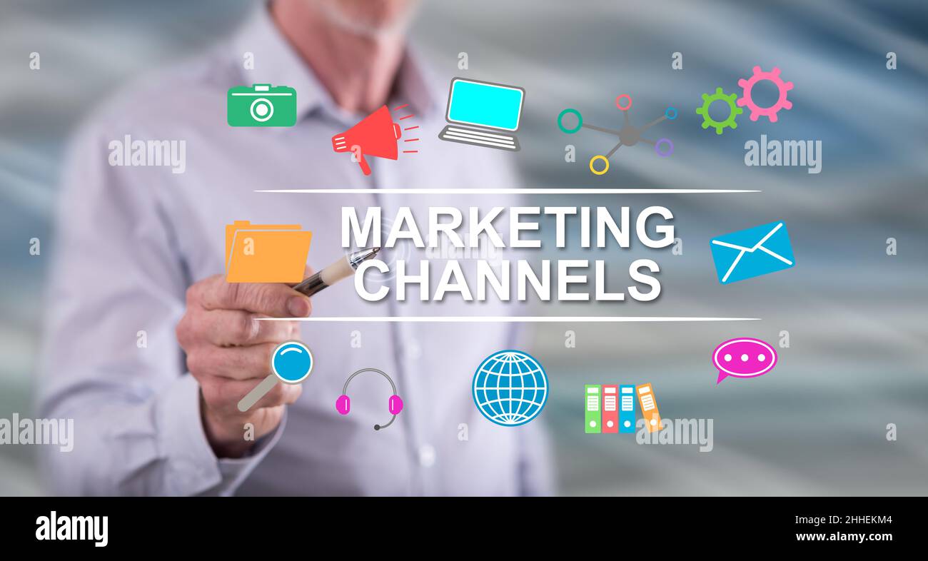 Man touching marketing channels concept on a touch screen with a pen ...