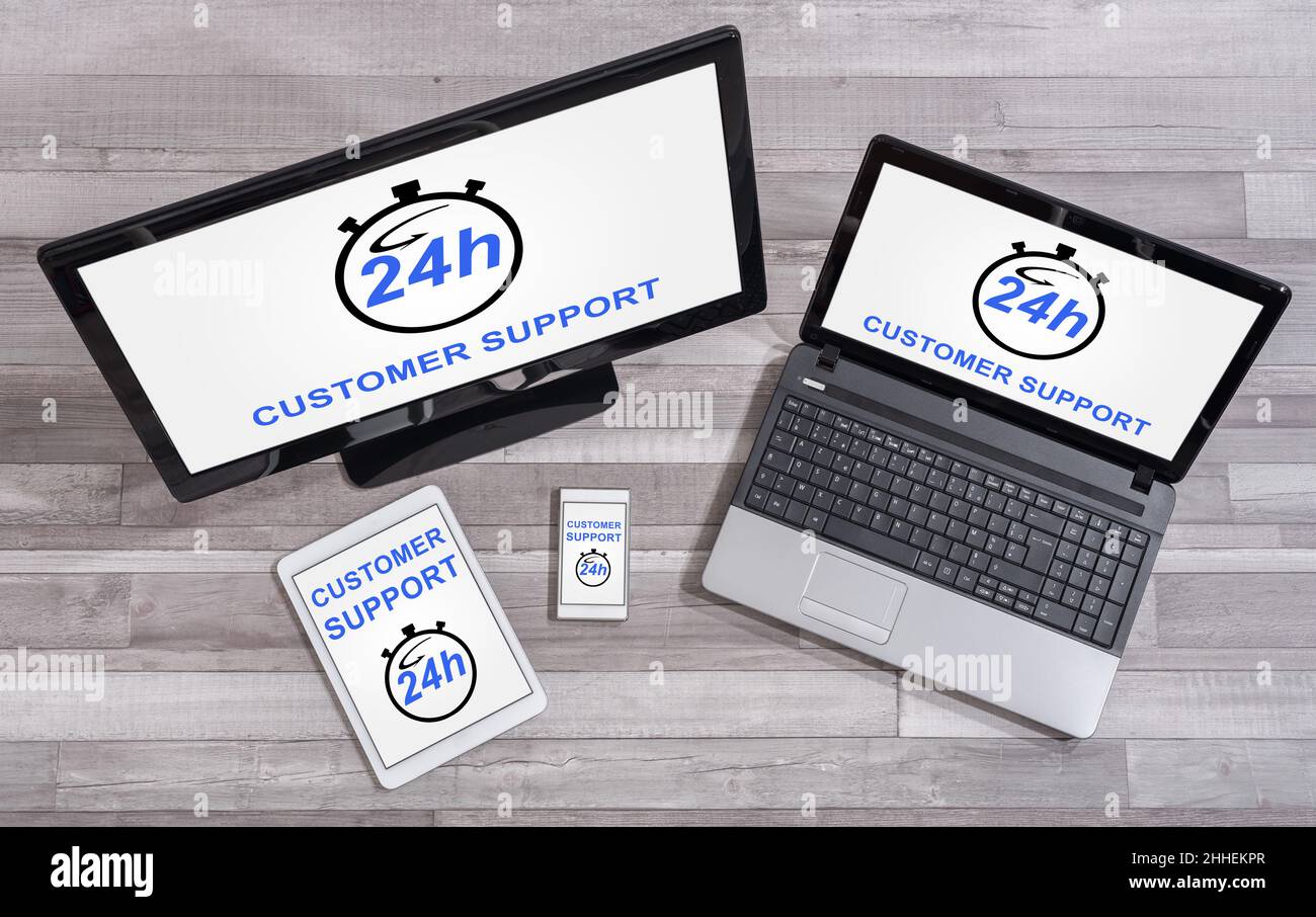 Customer support concept shown on different information technology ...