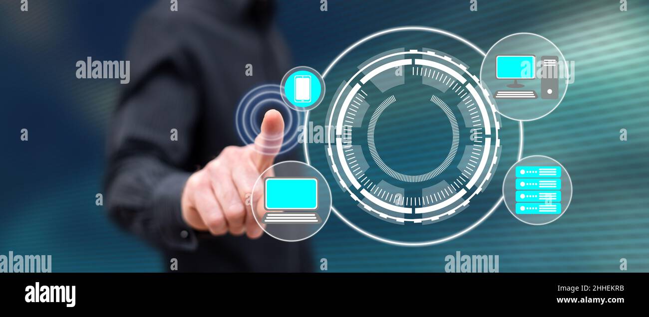 Man touching devices connection concept on a touch screen with his ...