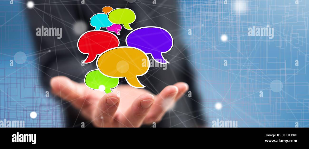 Communication concept above the hand of a man in background Stock Photo ...