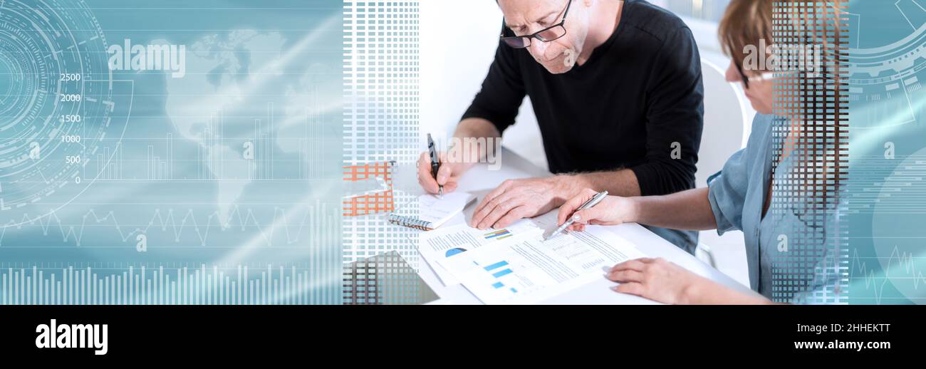 Coworkers having a business discussion in office. panoramic banner ...